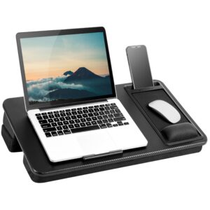 lapgear extra large adjustable lap desk with gel wrist rest, mouse pad, phone holder, device ledge, and booster cushion - black carbon - fits up to 17.3 inch laptops - style no. 88108