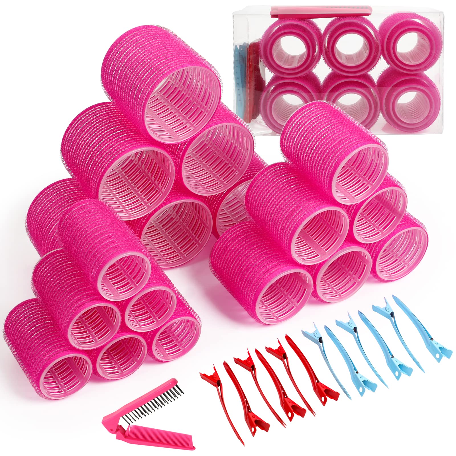 Jumbo Size Self Grip Hair Rollers Set, Salon Hair Set,with Hair Dressing Curlers (Jumbo, Large, Medium), Folding Pocket Comb, Duckbill Clips