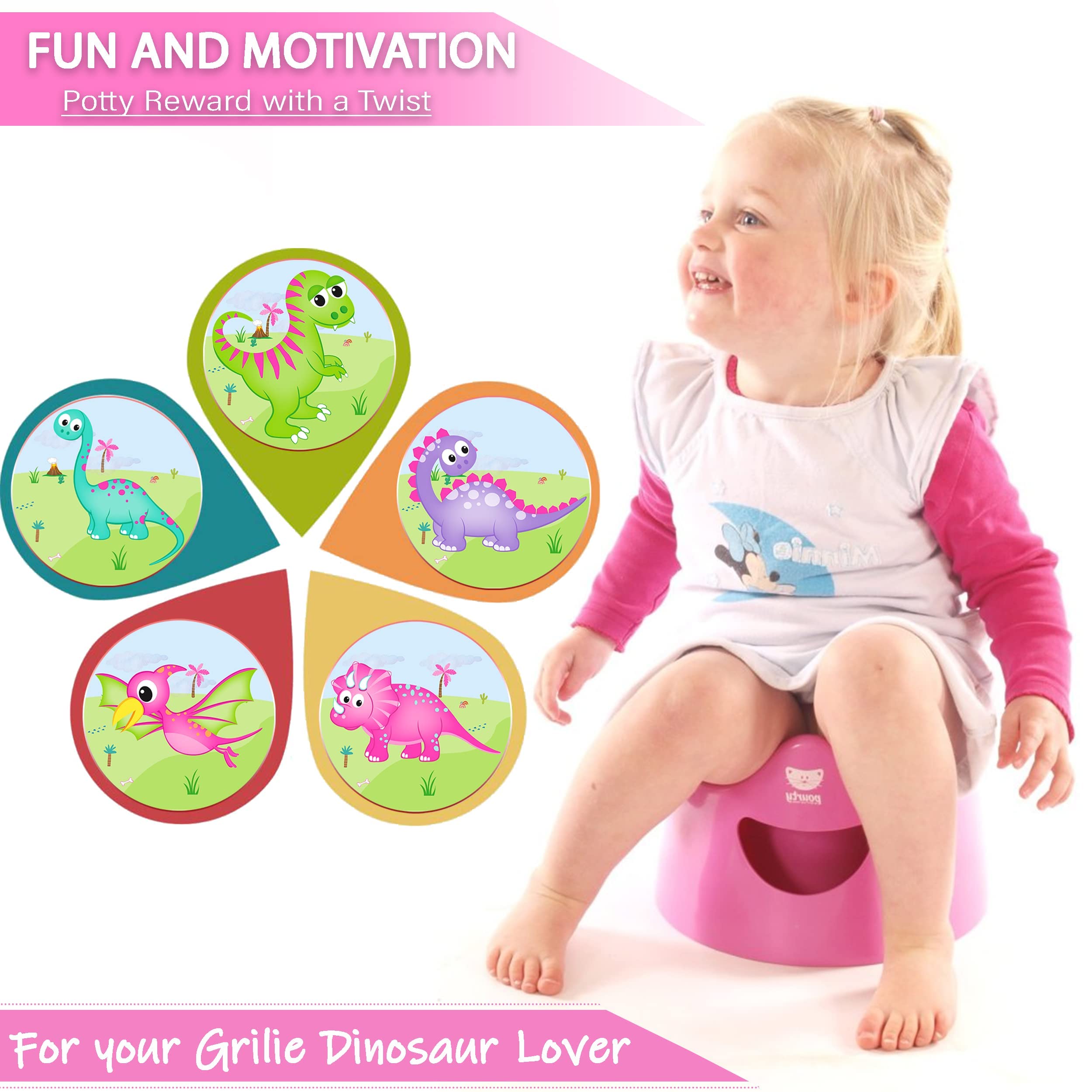 Magic Potty Training Stickers Pack - Potty Training Seat Magic Sticker | Girl Dinosaur Toddler Potty Training Toilet Sticker | 5Pack w/Potty Reward eBook | Use w/or W/Out Potty Chart or Watch