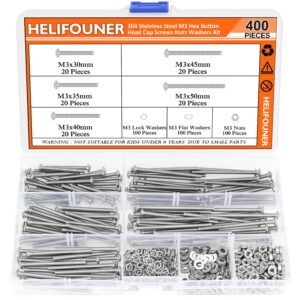 helifouner 400 pieces m3 x 30mm /35mm /40mm /45mm /50mm, button head socket cap metric screws nuts washers kit, 304 stainless steel