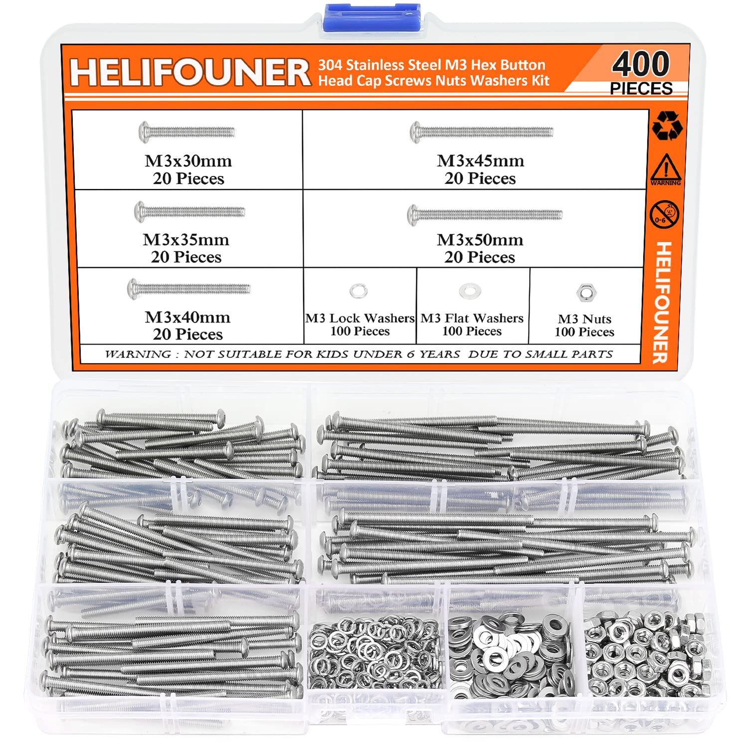 HELIFOUNER 400 Pieces M3 x 30mm /35mm /40mm /45mm /50mm, Button Head Socket Cap Metric Screws Nuts Washers Kit, 304 Stainless Steel