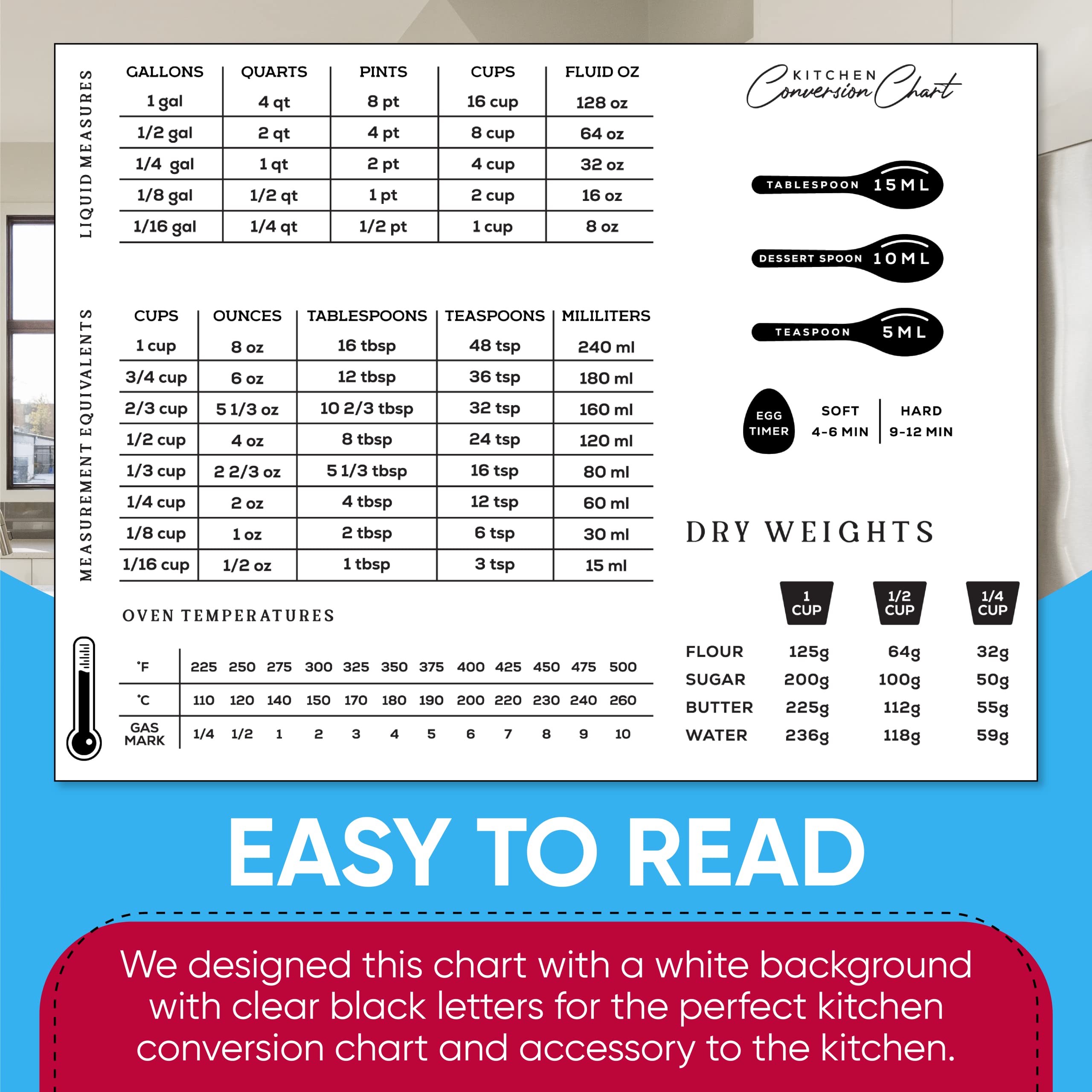 Magnetic Kitchen Conversion Chart for Liquid, Weight, and Measurements - For Cooking and Baking Recipes