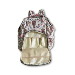 Pink Floral Highland Cow Diaper Bag Backpack