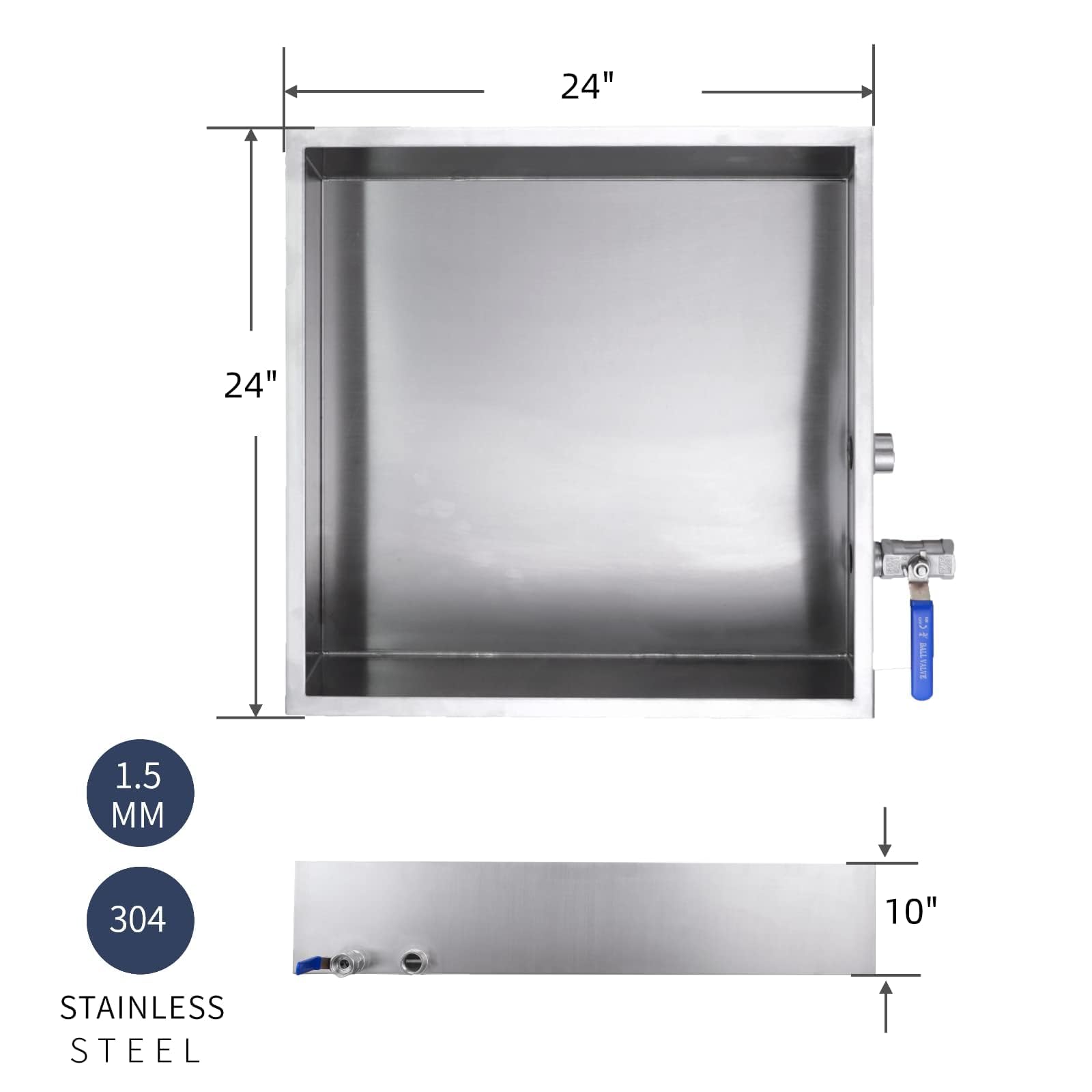 Marada Maple Syrup Evaporator Pan 304 Stainless Steel with One Valve Two Interfaces Kitchen Implements, Maple Syrup Boiling Pan Condensate Pan (24" L x 24" W x 10" H)