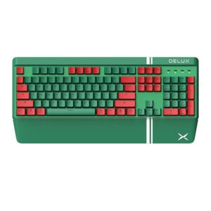 delux wired gaming keyboard - rgb backlit, hot swappable mechanical keys, ergonomic design, detachable palm rest, pbt keycaps (km17-green)