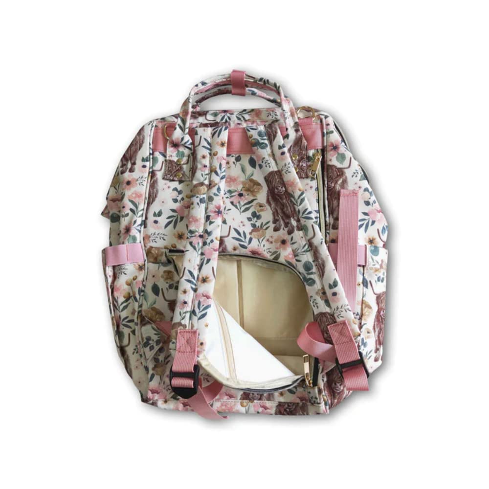 Pink Floral Highland Cow Diaper Bag Backpack