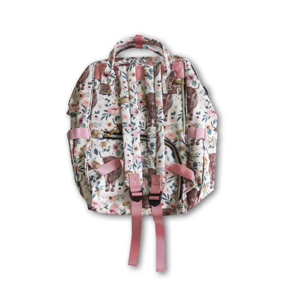 Pink Floral Highland Cow Diaper Bag Backpack