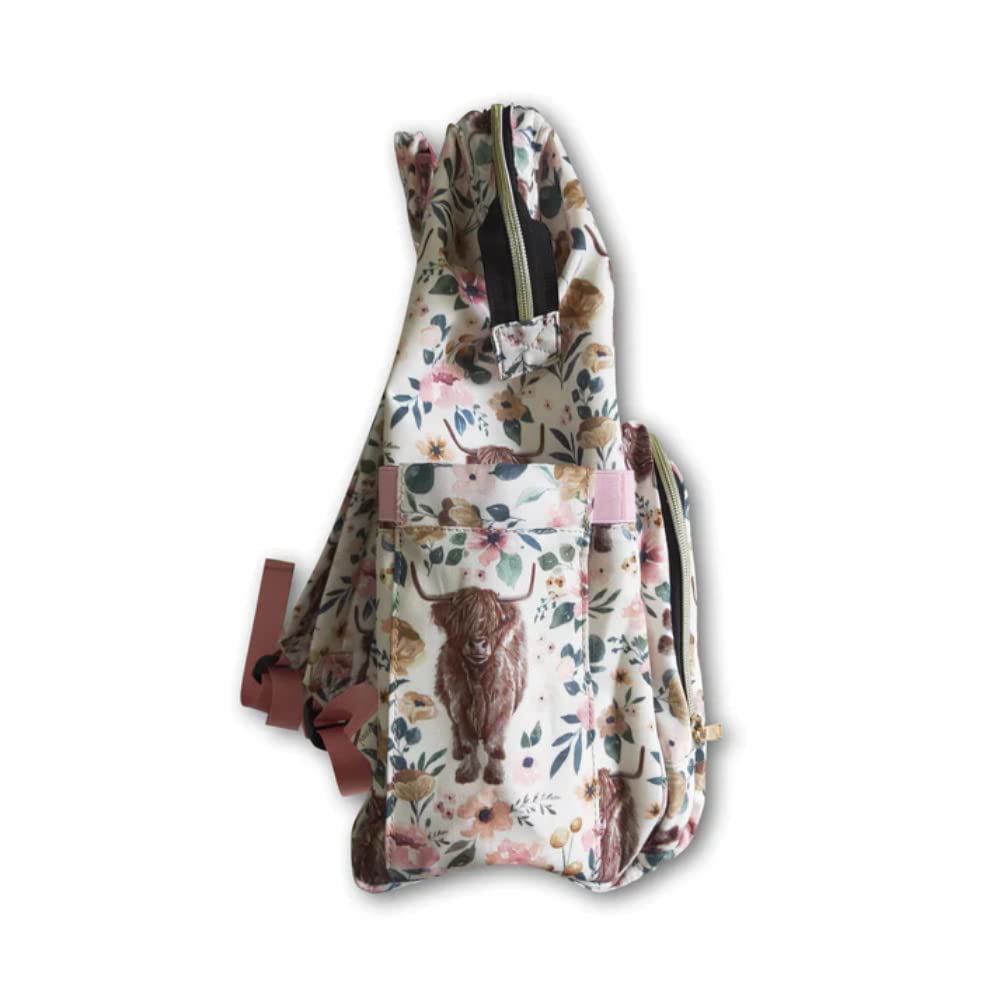 Pink Floral Highland Cow Diaper Bag Backpack