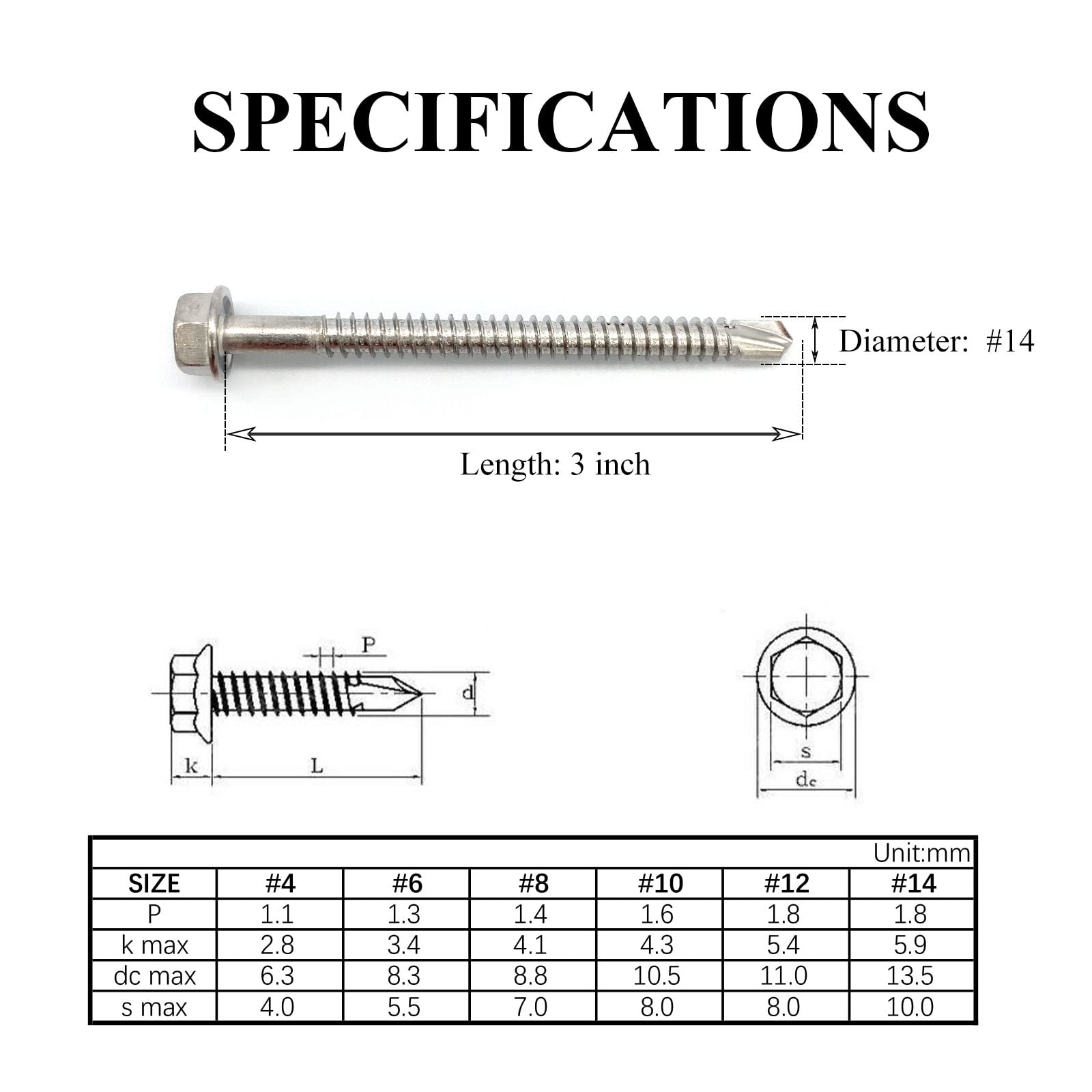 Yoliko #14 x 3" (1" to 3" Available) Hex Washer Head Self Drilling Screws, 410 Stainless Steel, Self Tapping Sheet Metal Tek Screws, 25 PCS