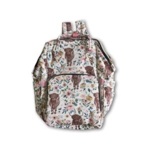 pink floral highland cow diaper bag backpack