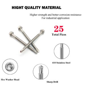 Yoliko #14 x 3" (1" to 3" Available) Hex Washer Head Self Drilling Screws, 410 Stainless Steel, Self Tapping Sheet Metal Tek Screws, 25 PCS