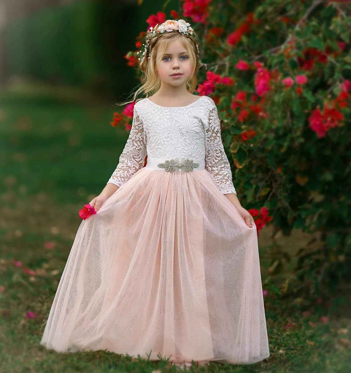 MCieloLuna Toddler Girl Baby GILR Lace Back Tulle Flower Dresses for Wedding Wine Red Pageant Princess First Communion Dress Wine Red Size 2