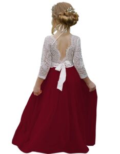 mcieloluna toddler girl baby gilr lace back tulle flower dresses for wedding wine red pageant princess first communion dress wine red size 2