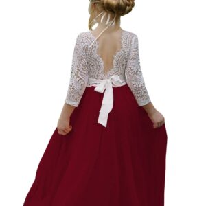 MCieloLuna Toddler Girl Baby GILR Lace Back Tulle Flower Dresses for Wedding Wine Red Pageant Princess First Communion Dress Wine Red Size 2