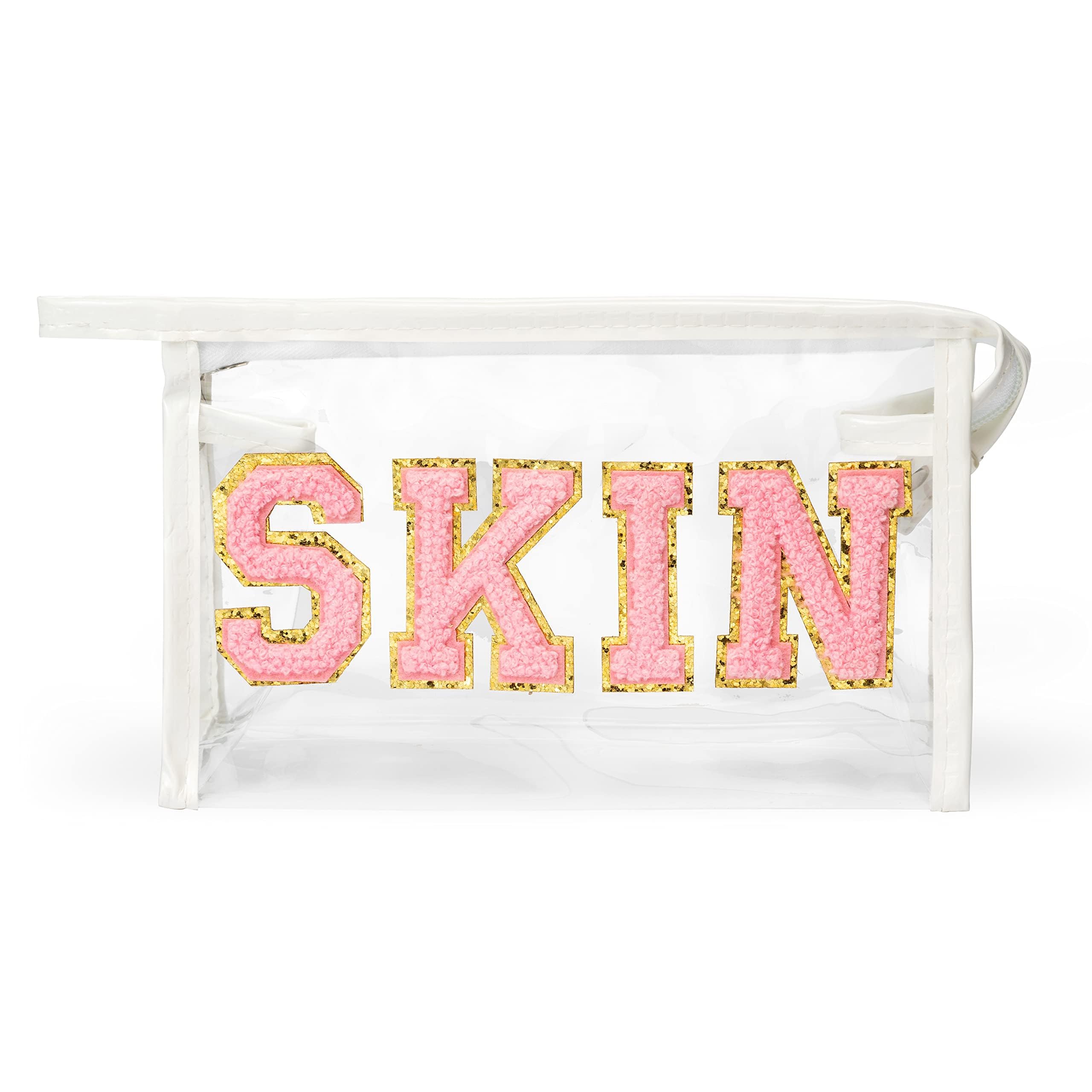 AsodSway Preppy Patch SKIN Cosmetic Case Varsity Letter Toiletry Bag Summer Beach Pool Aesthetic Waterproof Clear PVC Multi-Function Zippered Pouch Women Travel Party Girls Party Pen Pouch Gifts