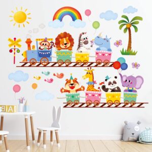 decowall sg-2205 animal train wall decals stickers kids peel stick removable nursery bedroom room living décor baby art playroom classroom children decoration vinyl diy elephant giraffe jungle safari