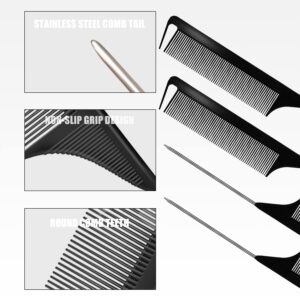 9 Pcs Hair Parting Comb Rat Tail Comb Set- 2 Pieces Braiding Comb Styling Comb 1 Fine and Wide Tooth Comb and Magnetic Wrist Sewing Pincushion Pin Cushion Holder with 5 Alligator Hair Clip (Black)