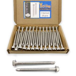 yoliko #14 x 3" (1" to 3" available) hex washer head self drilling screws, 410 stainless steel, self tapping sheet metal tek screws, 25 pcs