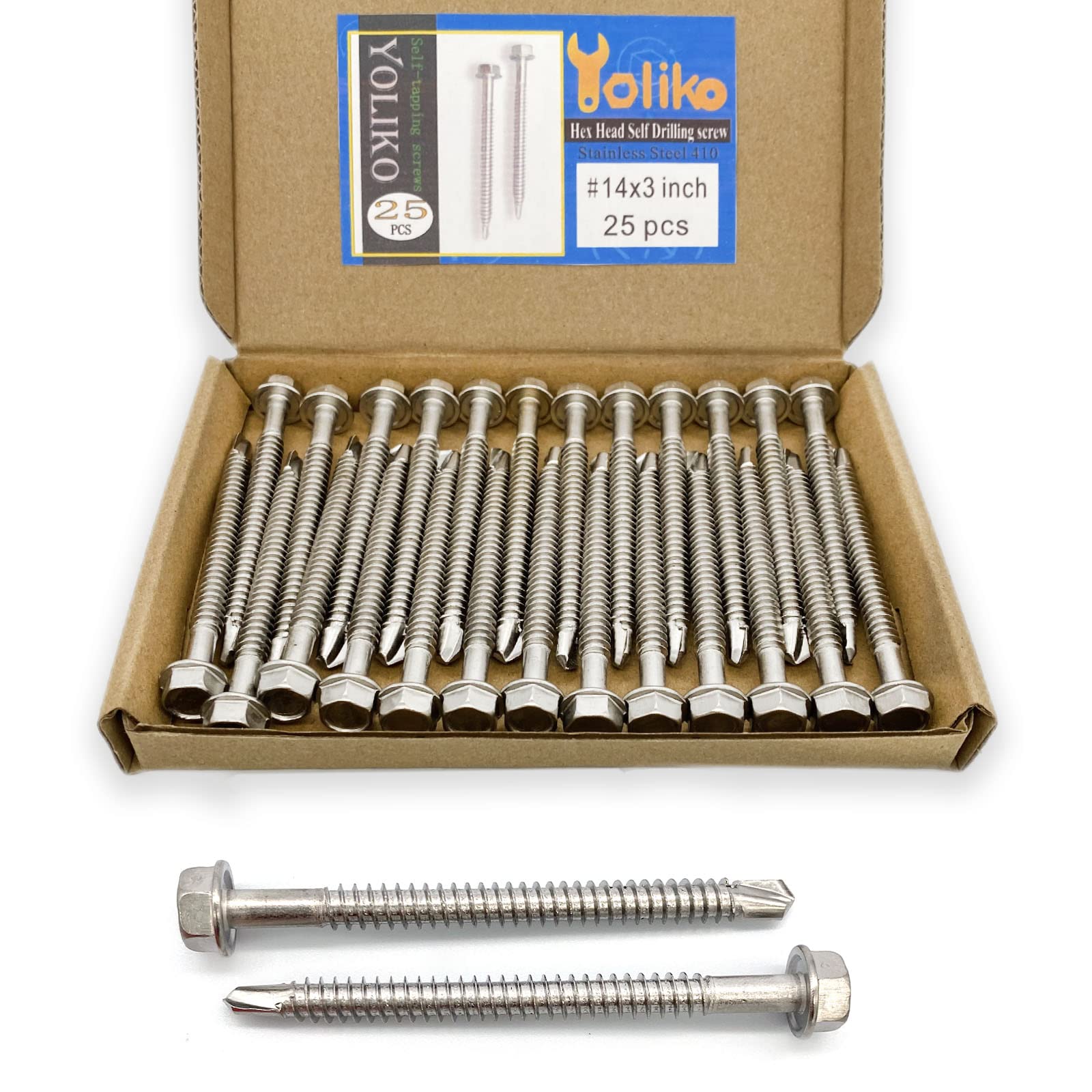 Yoliko #14 x 3" (1" to 3" Available) Hex Washer Head Self Drilling Screws, 410 Stainless Steel, Self Tapping Sheet Metal Tek Screws, 25 PCS