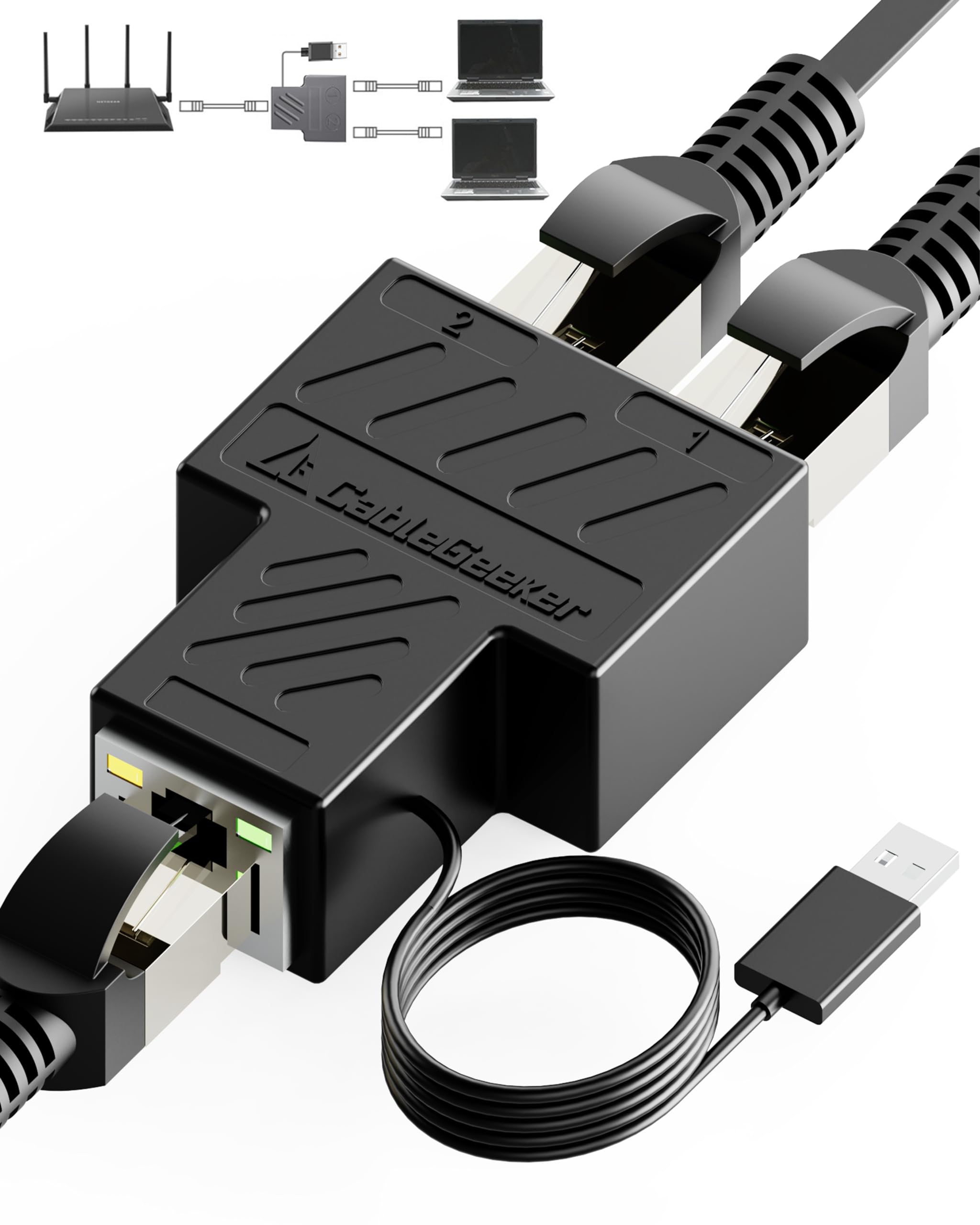 CableGeeker Ethernet Splitter High Speed, 100Mbps Ethernet Splitter 1 to 2 [2 Devices Simultaneous Networking], RJ45 Internet Splitter with USB Power Cable, Network LAN Splitter for Cat 5/6/7/8 Cable