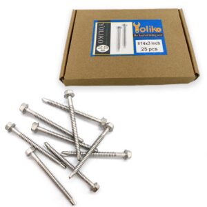 Yoliko #14 x 3" (1" to 3" Available) Hex Washer Head Self Drilling Screws, 410 Stainless Steel, Self Tapping Sheet Metal Tek Screws, 25 PCS