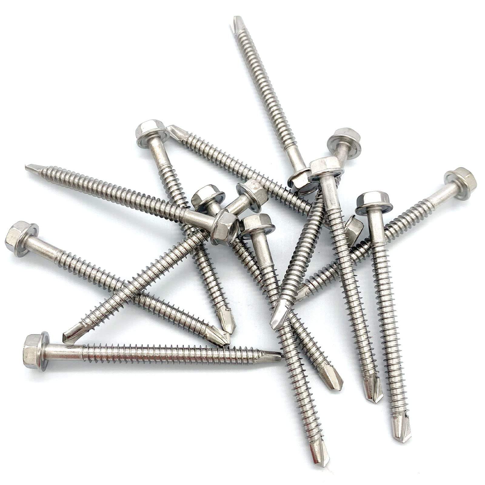 Yoliko #14 x 3" (1" to 3" Available) Hex Washer Head Self Drilling Screws, 410 Stainless Steel, Self Tapping Sheet Metal Tek Screws, 25 PCS