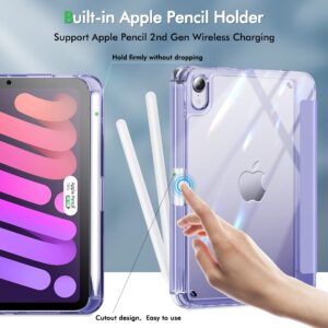 INFILAND for iPad Mini 7 case, iPad Mini 7th (A17 Pro) /6th Generation Case 8.3 inch 2024/2021, Clear Back & PU Leather Protective Cover with Pencil Holder Support Wireless Charging, Purple