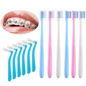 fremouth v-shaped orthodontic toothbrush for braces, soft bristles, 6 count, with interdental brushes