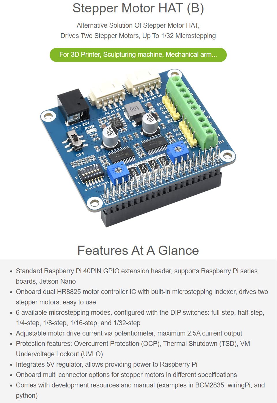 Waveshare HRB8825 Stepper Motor HAT Compatible with Raspberry Pi Drives Two Stepper Motors Up to 1/32 Microstepping