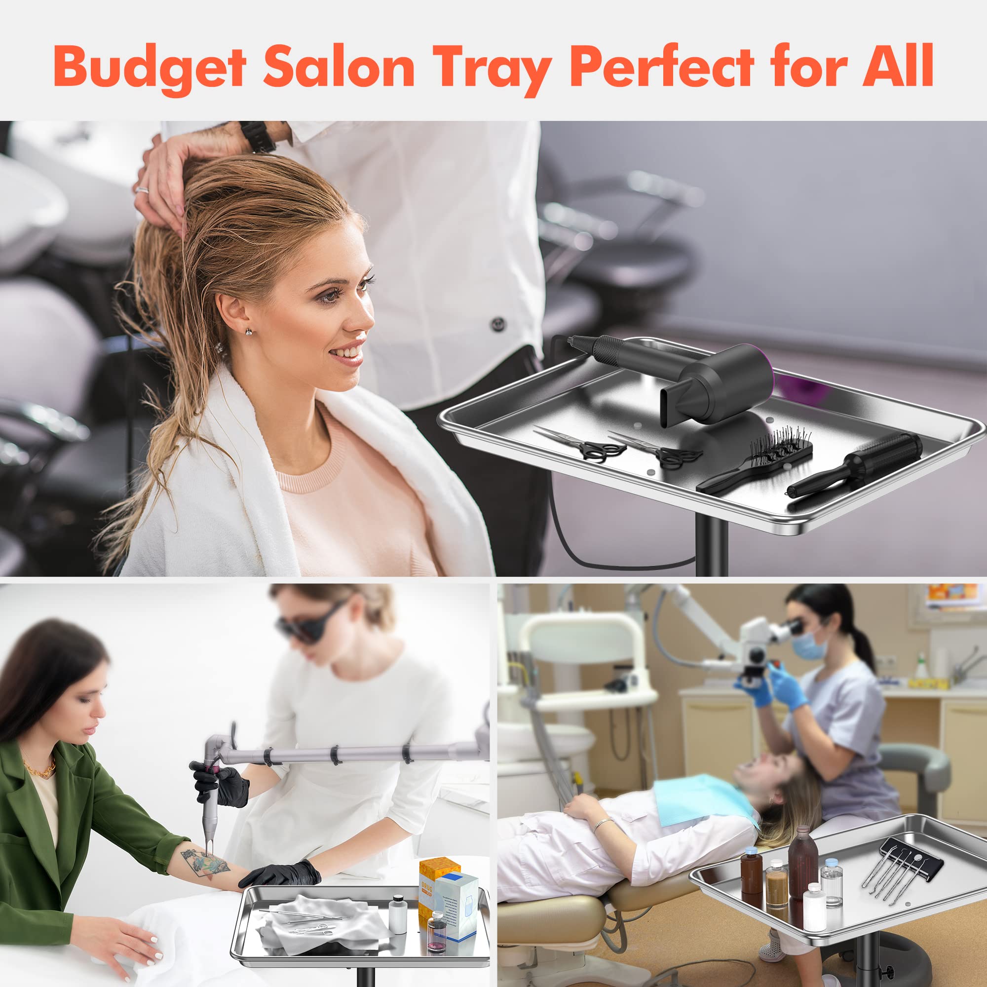 TASALON Budget Salon Tray on Wheels, Adjustable Height Premium Aluminum Tattoo Rolling Tray, Beauty Instrument Salon Rolling Tray Table with Wheels, Salon Cart for Hair Stylist Medical Dental Tray