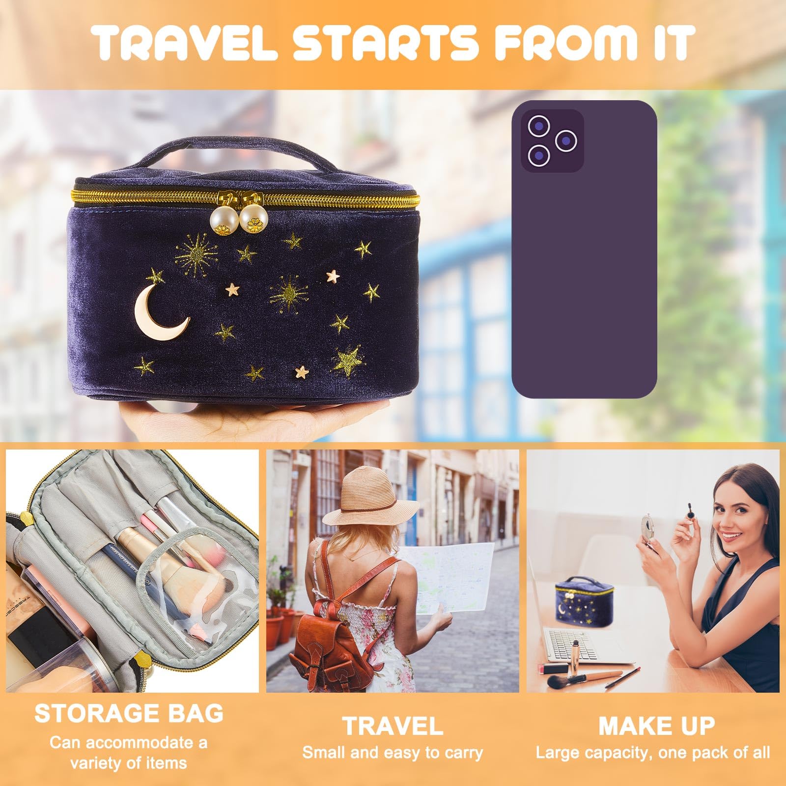 2 Pcs Velvet Makeup Bag Navy Moon Stars Sun Cosmetic Bag Handy Travel Starry Makeup Pouch with Tassels Portable Embroidered Pouch with Pearls Toiletry Wash Bag Cute Storage Bag Clutch Handbags Case