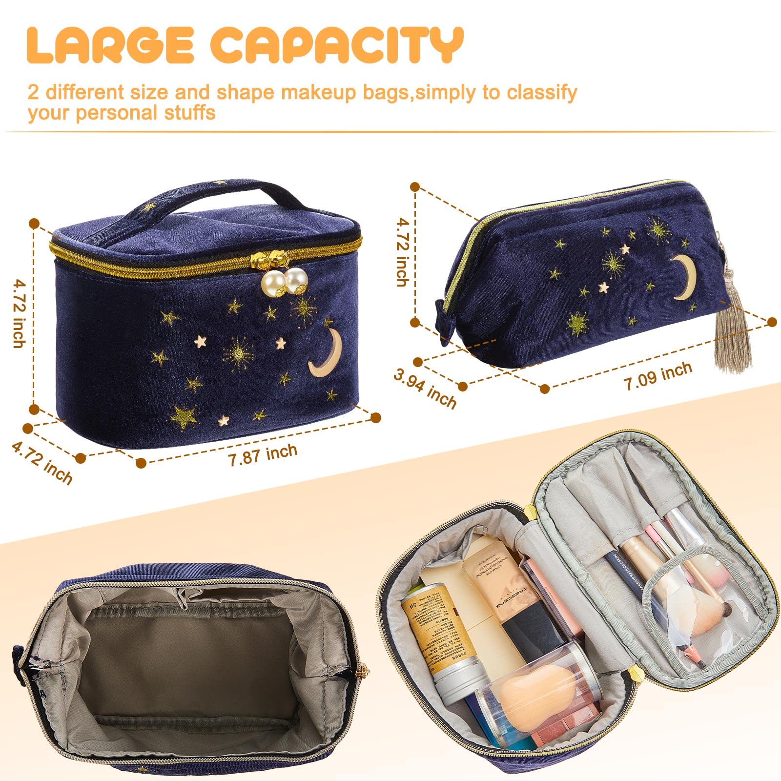 2 Pcs Velvet Makeup Bag Navy Moon Stars Sun Cosmetic Bag Handy Travel Starry Makeup Pouch with Tassels Portable Embroidered Pouch with Pearls Toiletry Wash Bag Cute Storage Bag Clutch Handbags Case