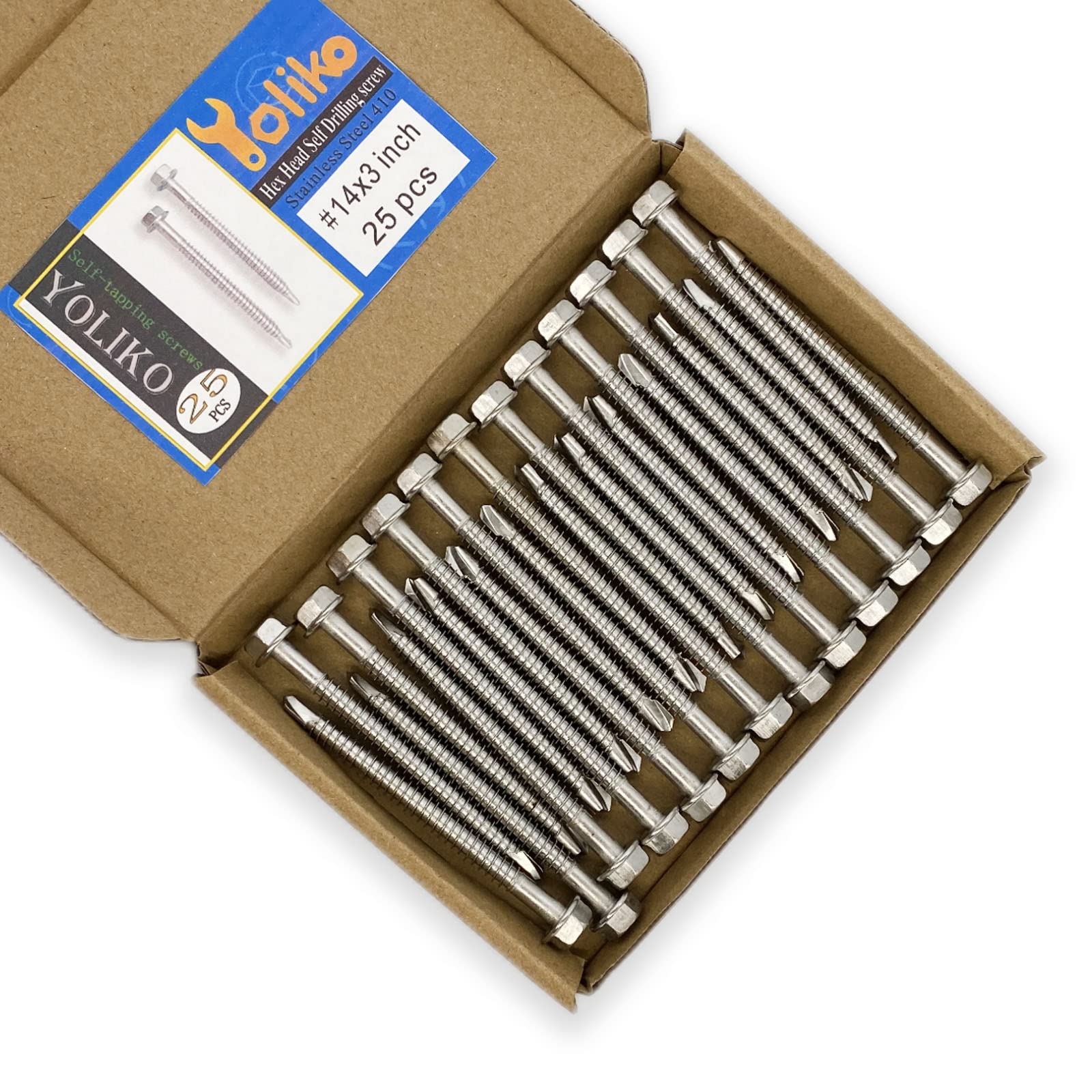 Yoliko #14 x 3" (1" to 3" Available) Hex Washer Head Self Drilling Screws, 410 Stainless Steel, Self Tapping Sheet Metal Tek Screws, 25 PCS