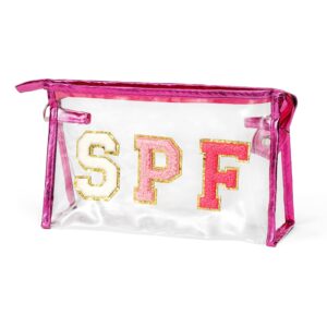 asodsway preppy patch spf clear cosmetic bag spf varsity letter toiletry bag waterproof pvc cosmetic case multi-function zippered pouch makeup bag for beach pool, pencil case pen pouch(rose red)