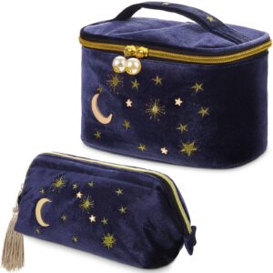 2 pcs velvet makeup bag navy moon stars sun cosmetic bag handy travel starry makeup pouch with tassels portable embroidered pouch with pearls toiletry wash bag cute storage bag clutch handbags case