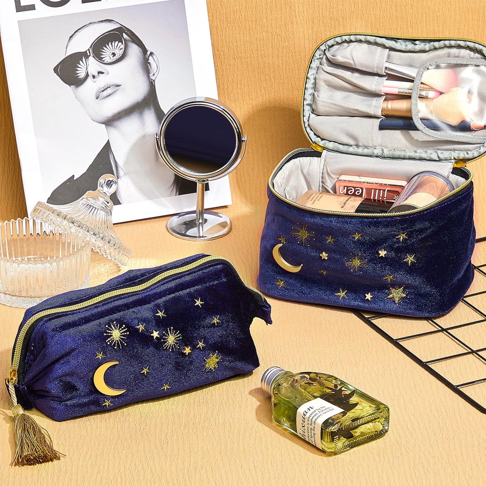 2 Pcs Velvet Makeup Bag Navy Moon Stars Sun Cosmetic Bag Handy Travel Starry Makeup Pouch with Tassels Portable Embroidered Pouch with Pearls Toiletry Wash Bag Cute Storage Bag Clutch Handbags Case