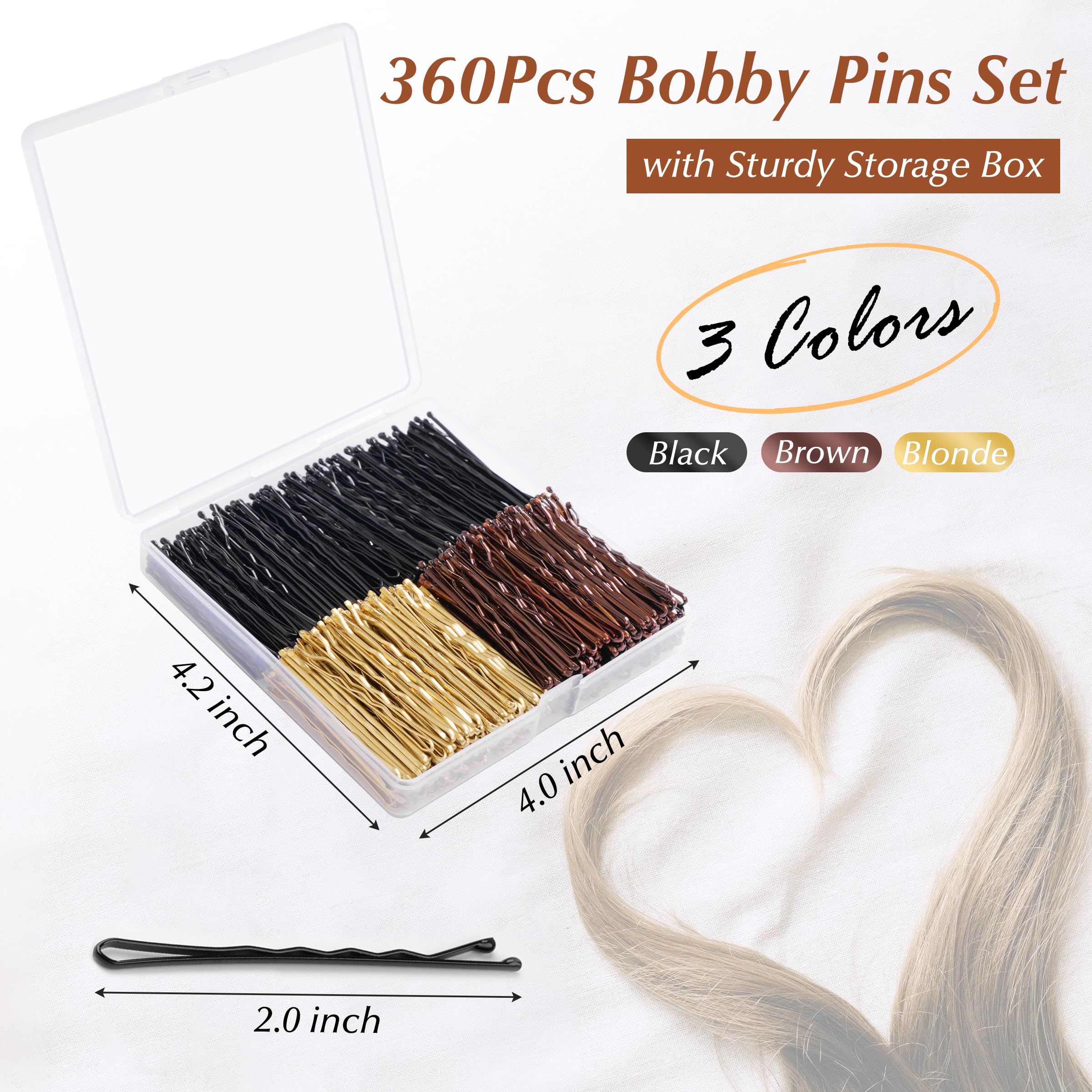 Bobby Pins, 360 Pcs Bobby Pins Brown Blonde Black Hair, 2 Inch Premium Secure Hold Bobby Pins Bulk with Storage Box, Hair Pins for Women and Girls Styling