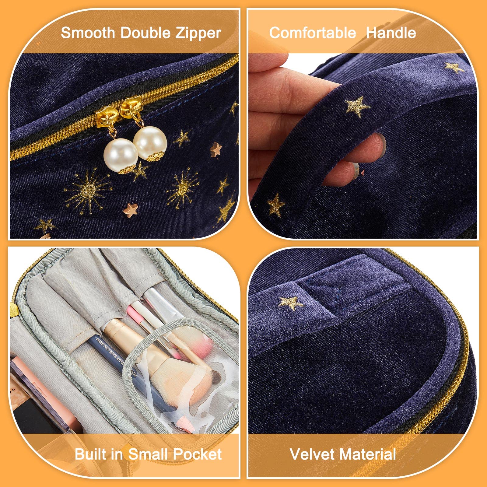 2 Pcs Velvet Makeup Bag Navy Moon Stars Sun Cosmetic Bag Handy Travel Starry Makeup Pouch with Tassels Portable Embroidered Pouch with Pearls Toiletry Wash Bag Cute Storage Bag Clutch Handbags Case