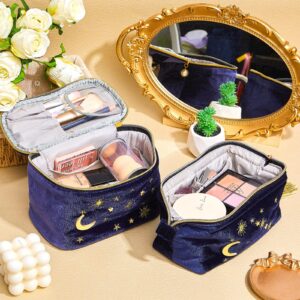 2 Pcs Velvet Makeup Bag Navy Moon Stars Sun Cosmetic Bag Handy Travel Starry Makeup Pouch with Tassels Portable Embroidered Pouch with Pearls Toiletry Wash Bag Cute Storage Bag Clutch Handbags Case