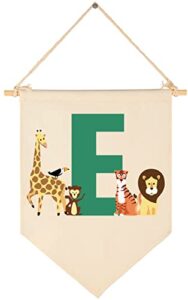 personalised woodland animal flag decor gifts for baby boy girl newborn kids-jungle safari pennant banner wall sign gifts for nursery baby room bedroom playroom front door-monogrammed initial letter e