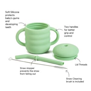 Cute 2-1 Silicone Straw Sippy Cup with Stopper - 5.4 OZ Spill-proof Sippy Cups for Baby 6+ Months w/ Dbl Handles, Grooved Body & Angled Straw for Fun & Safe Drinking - Includes Cleaning Brush - Green