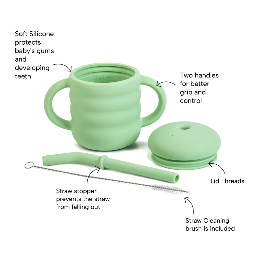 Cute 2-1 Silicone Straw Sippy Cup with Stopper - 5.4 OZ Spill-proof Sippy Cups for Baby 6+ Months w/ Dbl Handles, Grooved Body & Angled Straw for Fun & Safe Drinking - Includes Cleaning Brush - Green