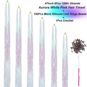 Hair Tinsel Kit With Tool Fairy Hair Tinsel Heat Resistant 47Inch Tinsel Hair Extensions 6Pcs 1200 Strands Sparkling Hair Tinsel Glitter Tinsel Hair Extensions for Women Girls Kids (White-Pink)