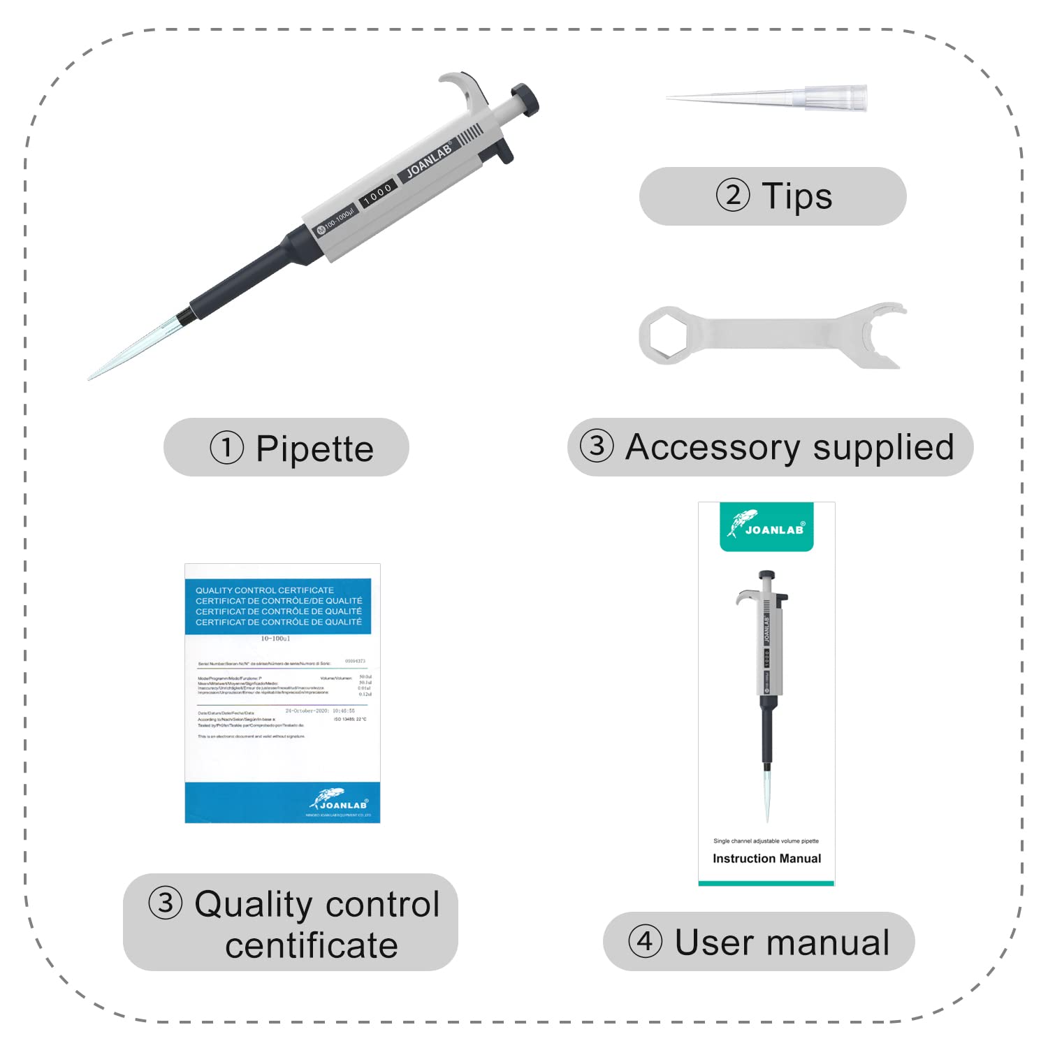 JOANLAB Micropipette 100-1000ul Manual Adjustable Single Channel Pipettes High Accurate Lab Pipettors with 200pcs Pipette Tips