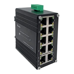 hardened industrial gigabit compact ethernet switch 10-port 10/100/1000base-t rj45 with auto-mdi/mdi-x function 10/100mbps half/full duplex and 1000mbps full duplex 12~48vdc wide range power input