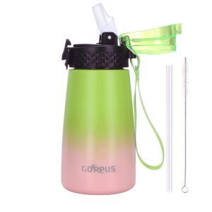 goppus 12 oz kids water bottle with straw lid & spout lid vacuum insulated stainless steel cup double wall kids metal water bottles for school boys girls (olive pink 2 lids)