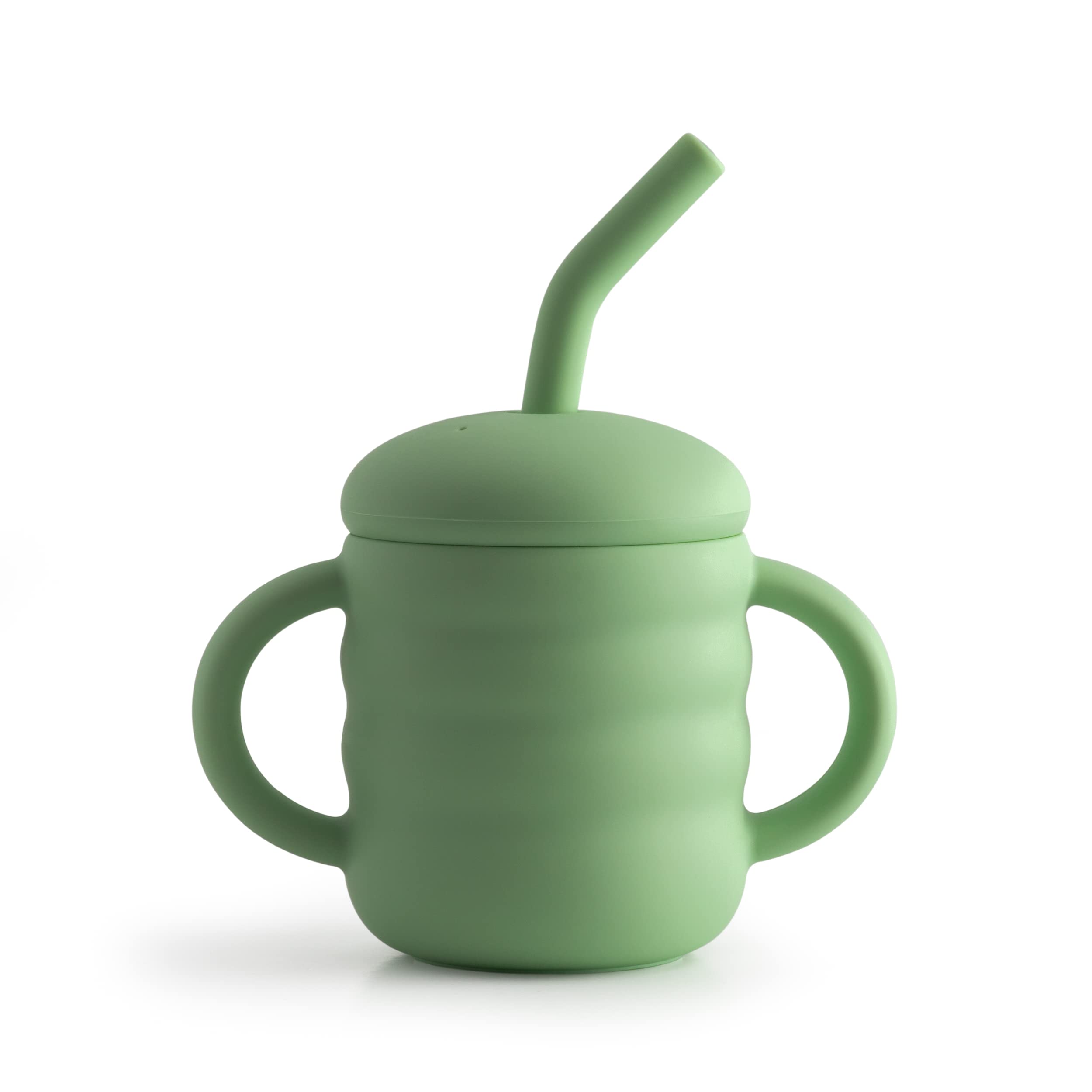 Cute 2-1 Silicone Straw Sippy Cup with Stopper - 5.4 OZ Spill-proof Sippy Cups for Baby 6+ Months w/ Dbl Handles, Grooved Body & Angled Straw for Fun & Safe Drinking - Includes Cleaning Brush - Green