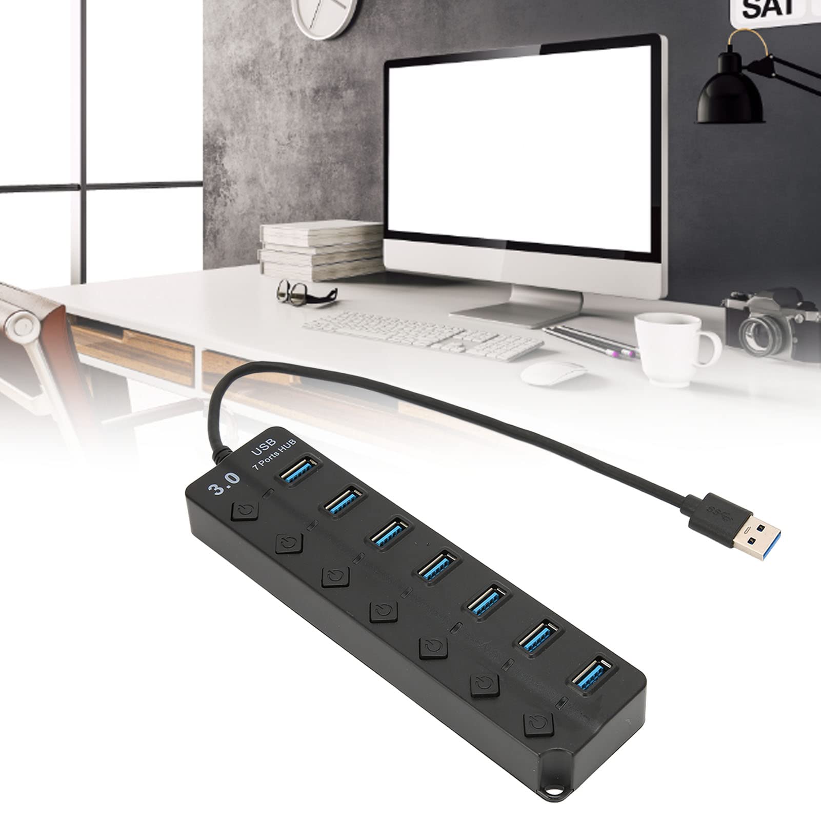 Zyyini USB Hub, 7 Ports USB3.0 Hub Ultra Slim Data USB Splitter, 5Gbps High Speed, for Windows, for OS X 10.0, for Linux, Mobile, Card Reader, Headset(Black)