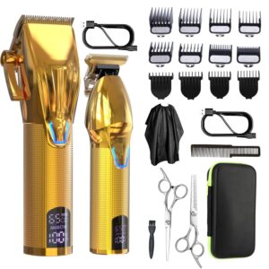 dumite cordless hair clippers for men,professional hair clippers trimmer kit,barber fading clipper and zero gap t-blade trimmer set with led display for mens gifts(gold)