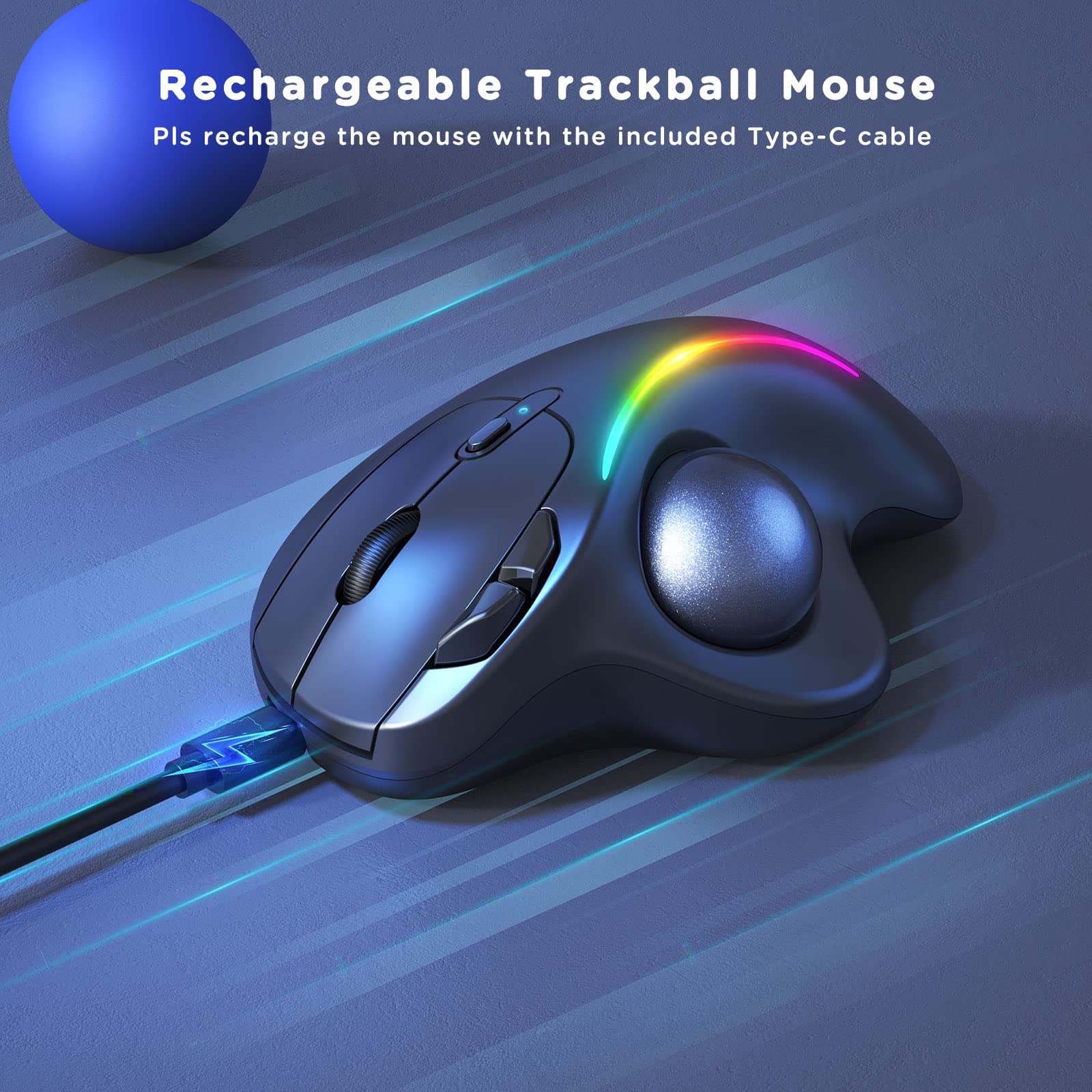 PEIOUS Trackball Mouse Wireless - Ergonomic Rollerball Mouse with RGB Backlit,(2.4G USB + Bluetooth) Connection Thumb Control Mouse Rechargeable Compatible with iPad, Mac, Windows PC - Black